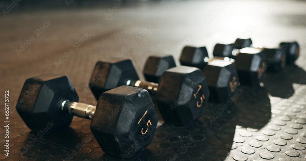 Fitness, background and dumbbells in empty gym for exercise ...