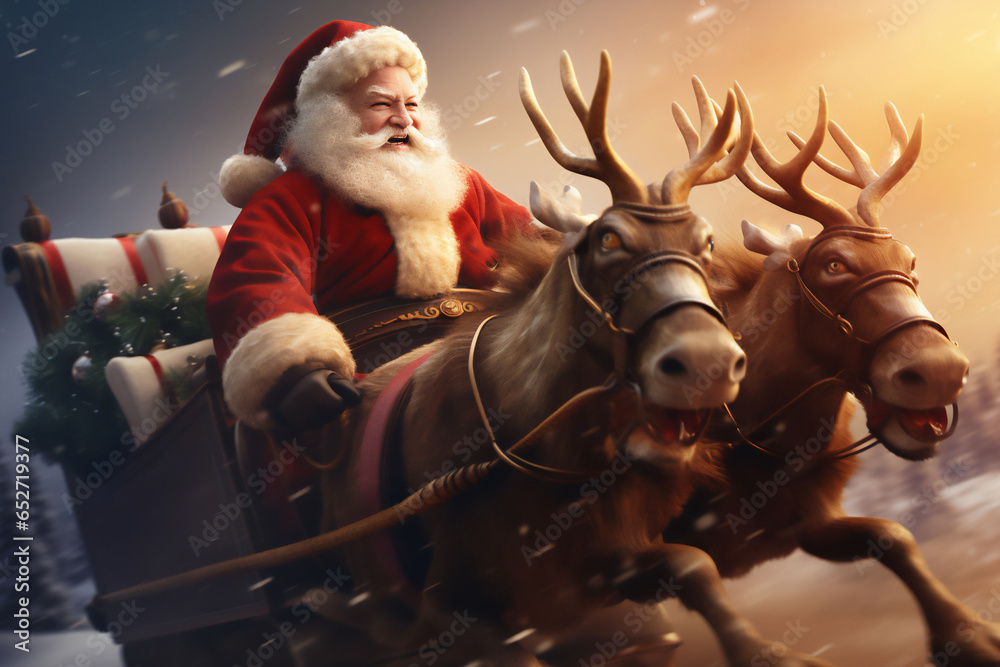 Father Christmas riding on a sleigh being pulled by reindeers during ...