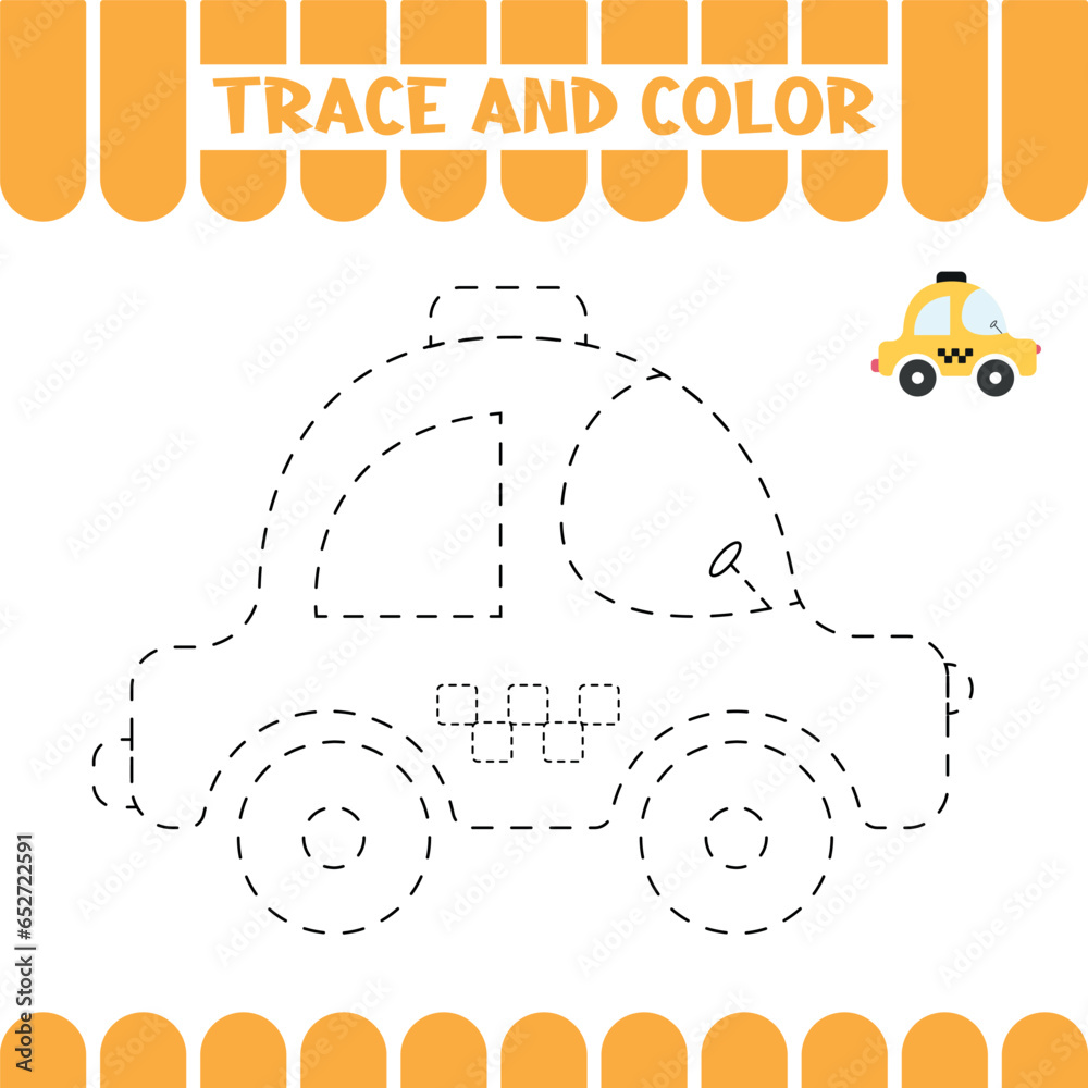 Trace taxi car. Tracing educational worksheet for kids. Handwriting ...