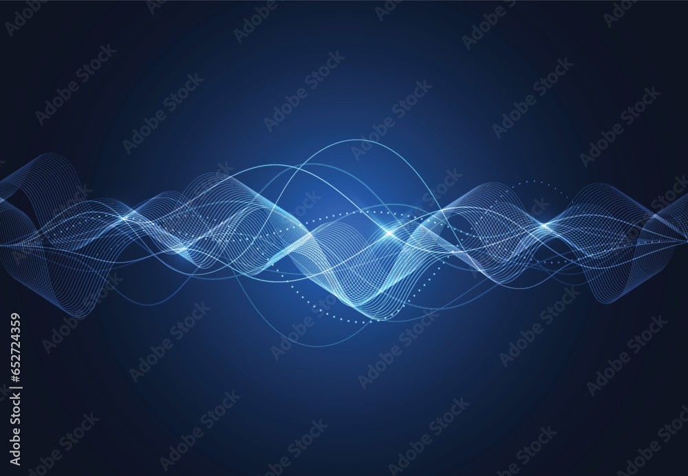 Modern speaking sound waves oscillating dark blue light, Abstract ...