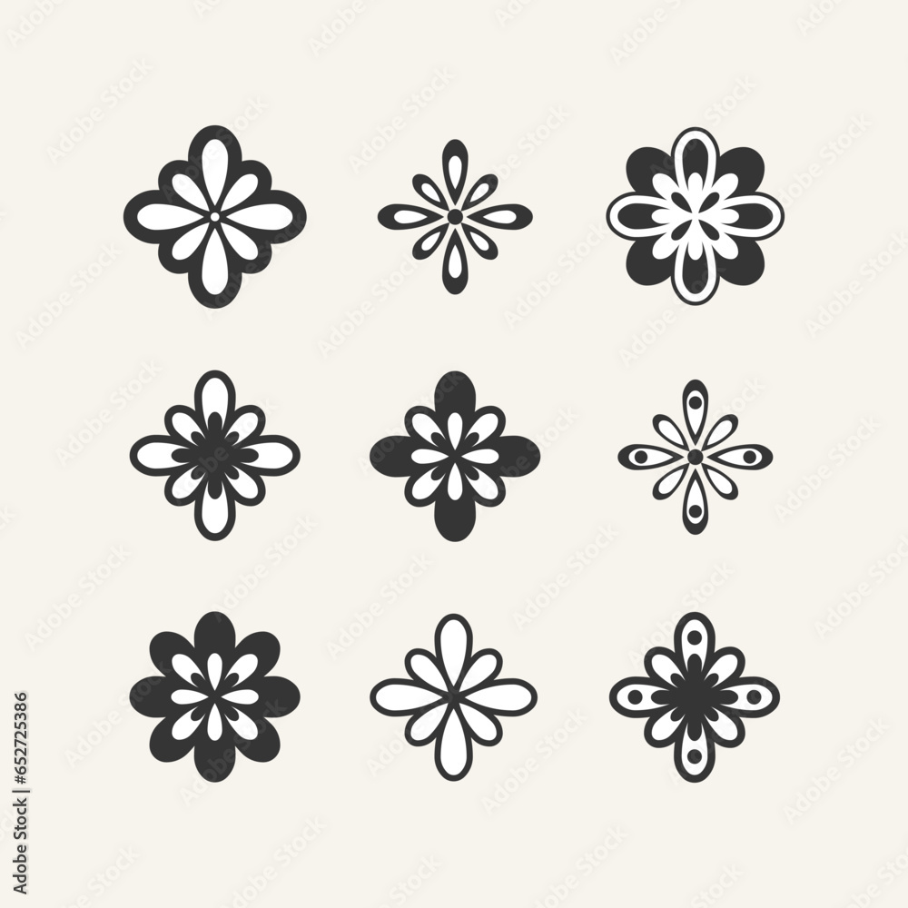 Asian flower symbol. Set of 9 geometric shape. Set inspired by Japanese ...