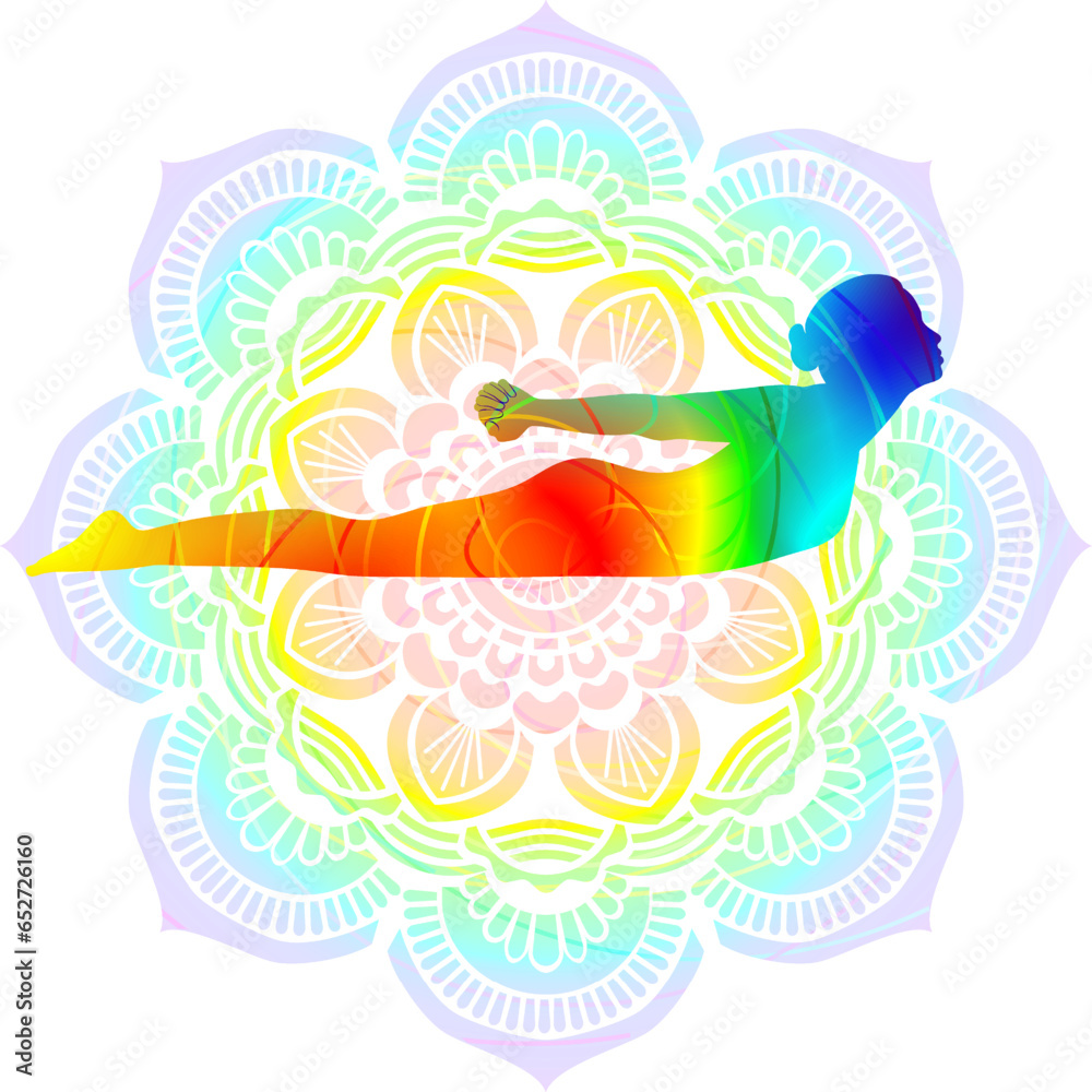 Colorful silhouette yoga posture. Snake pose. Sarpasana. Prone and ...