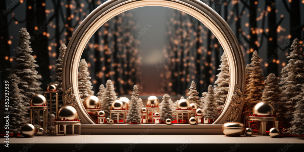 White clean glamorous empy table with Christas themed podium with trees ...