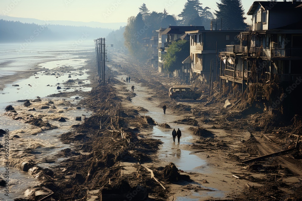 Devastating tsunami, portraying the immense destruction and chaos left ...