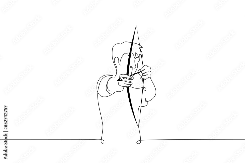 man aims an arrow from a bow - one line art vector. concept male archer ...