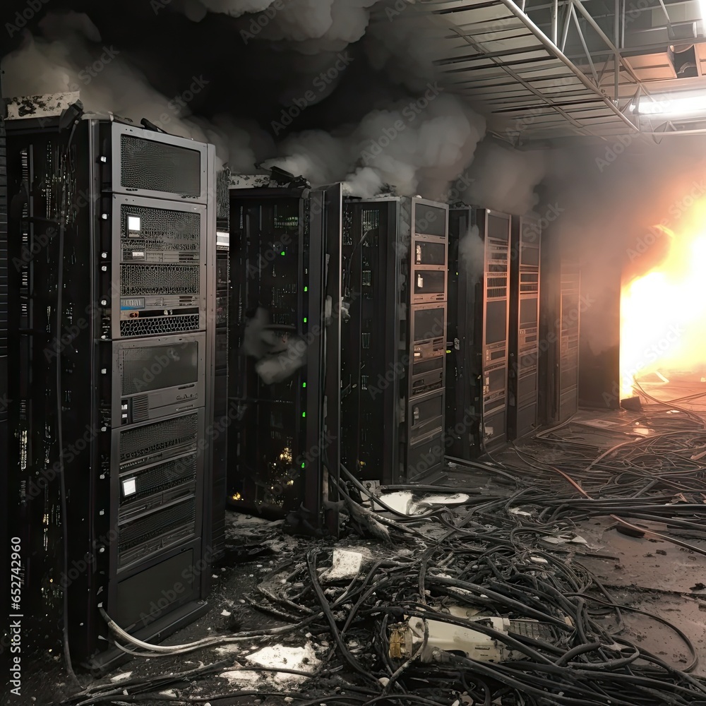 Flames and smoke billowing from burning server racks Stock Photo ...