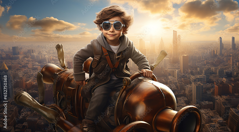 Young girl ready to travel with plane toy. Cute kid happy with ...