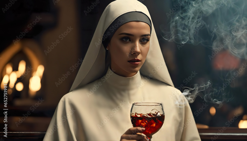 beautiful young nun inside catholic church wearing dark nun's clothing ...