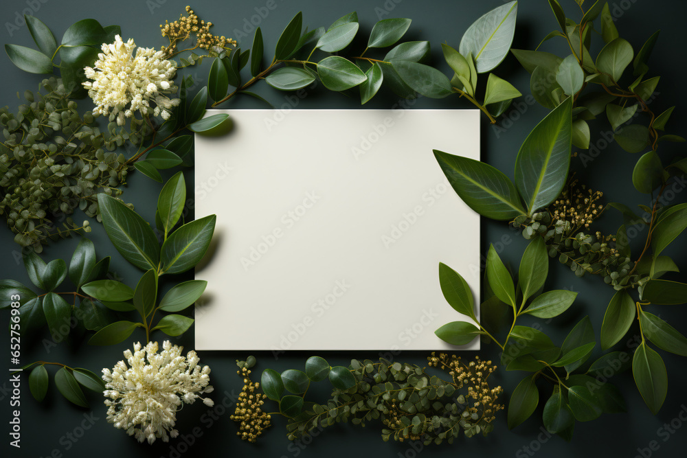 green white background with greenery and plant mock up, in the style of ...