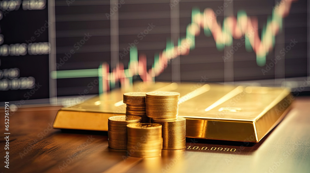 Gold bar resting on a stocks and shares graph representing investment. Concept of gold price in ...