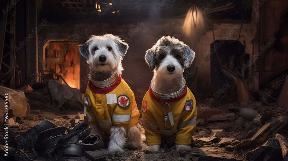 Rescue dog, search team of dogs in a firefighter uniform against the ...