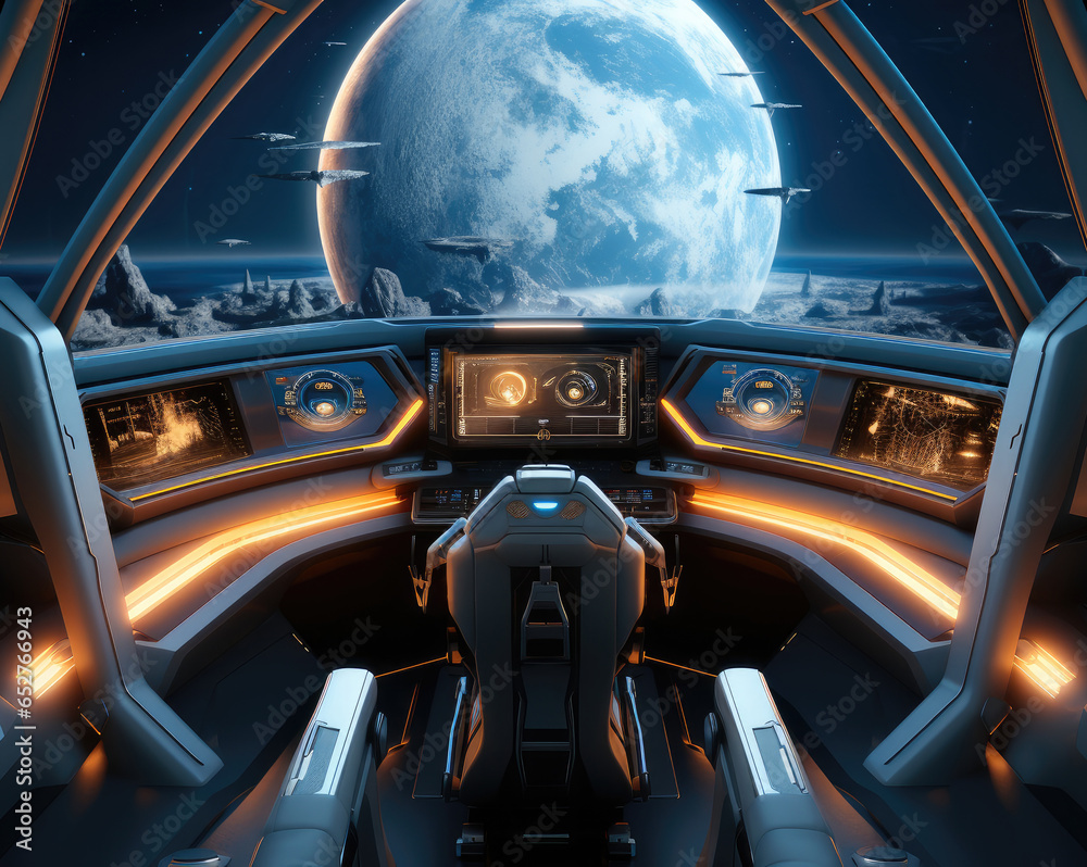 Spaceship interior, The cosmic landscape can be seen through the ...