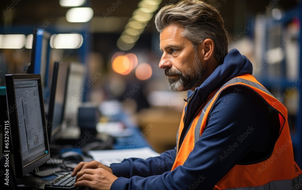 Warehouse worker wearing a vest viewing a spreadsheet on a computer ...