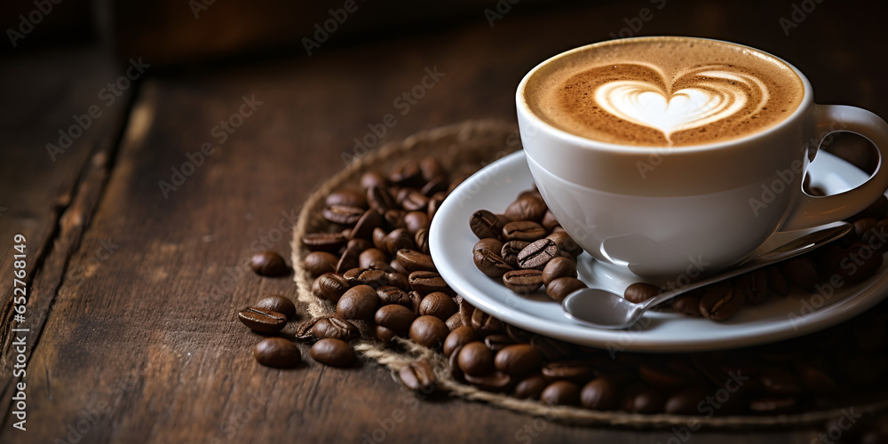 Cup of coffee latte with heart shape Coffee beans on old wooden ...