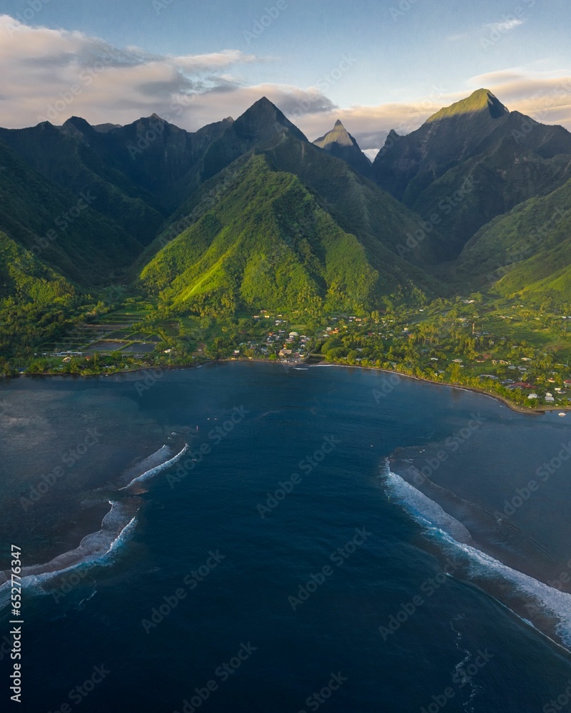 Aerial view of a stunning mountainous coastline with lush vegetation in ...