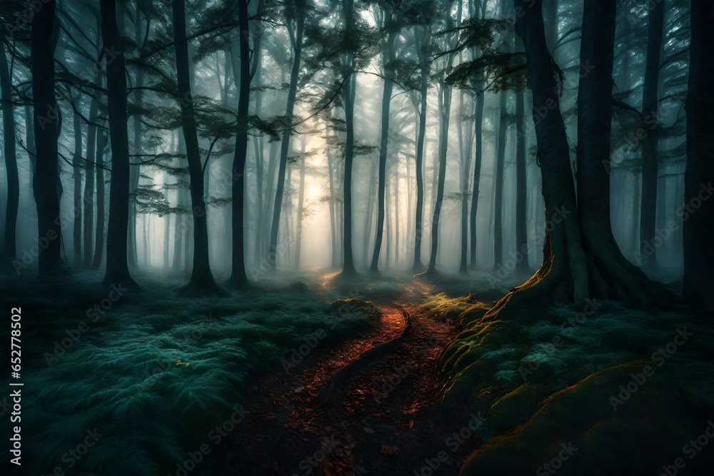 /imagine A mysterious fog rolling through a dense, enchanting forest at dawn. Stock Photo ...