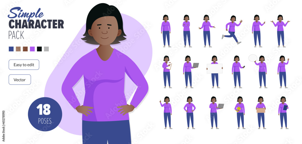 Simple flat black female vector character in a set of multiple poses ...