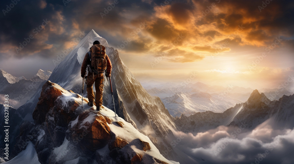 Mountaineer reaching a snowy summit. Triumph's breath. An adventurer ...