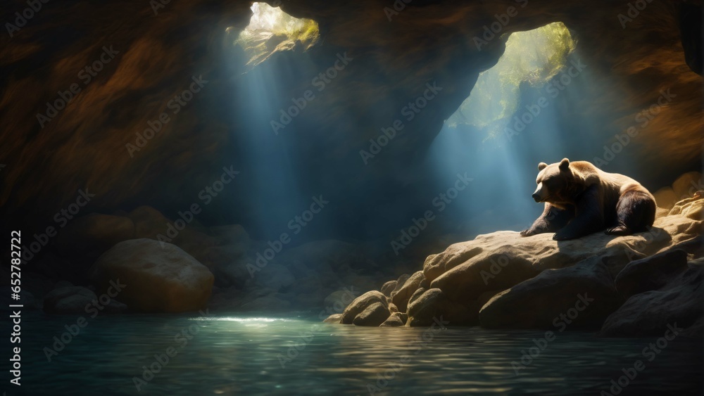 Brown Bear sleeping in a cave. Oil painting styled illustration in high ...
