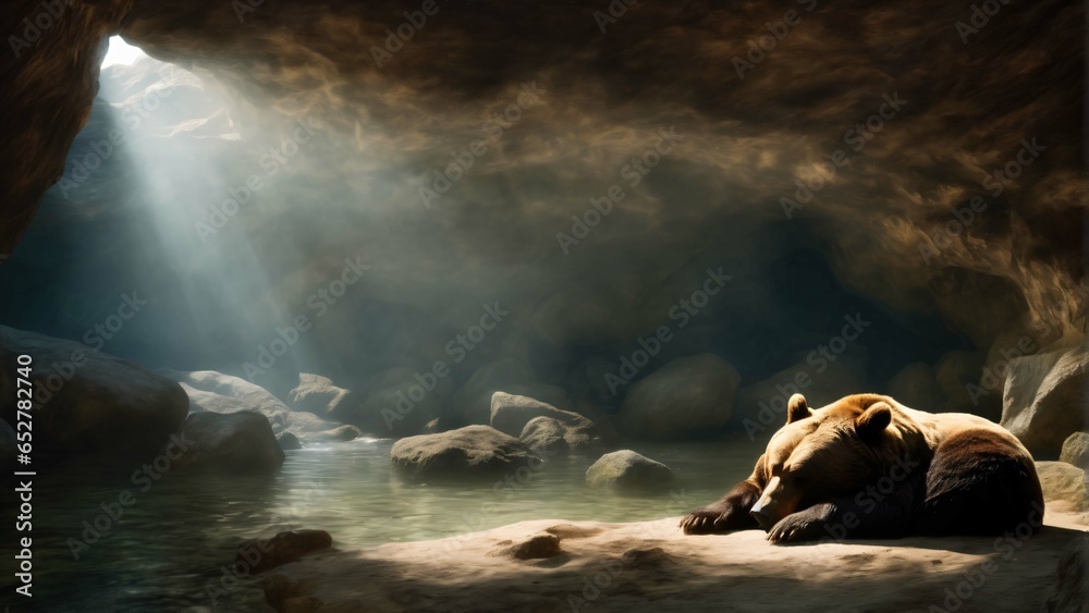 Brown Bear sleeping in a cave. Oil painting styled illustration in high resolution Stock Photo ...