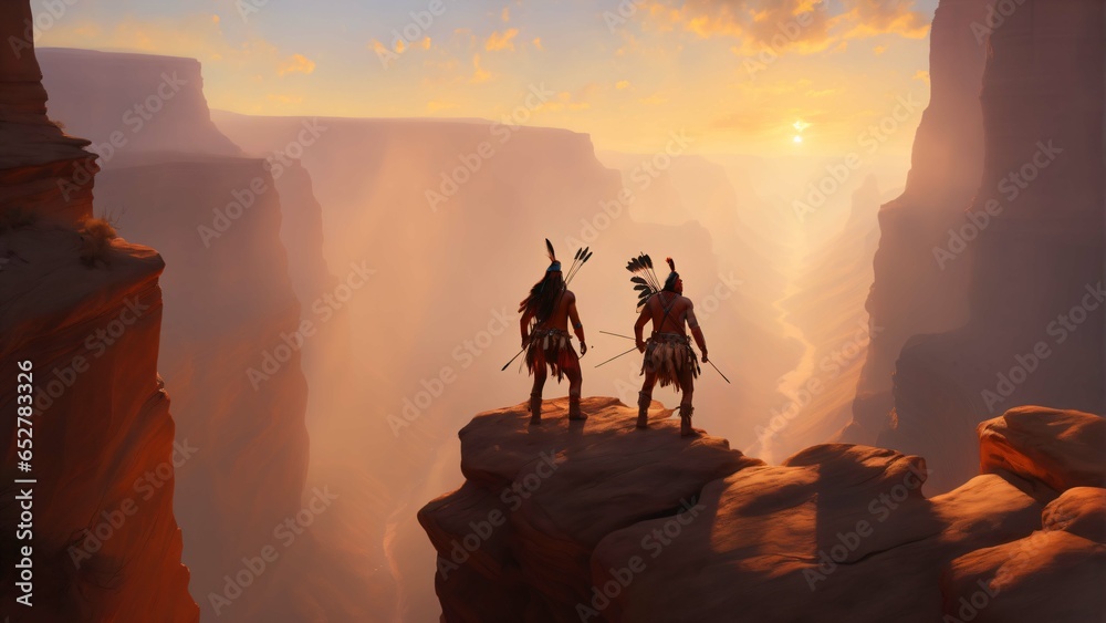 Red Indians in native America on top of a canyon. Highly detailed and ...