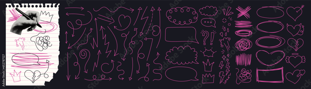 Hand drawn trendy doodles. A sheet of torn paper with doodles and a ...