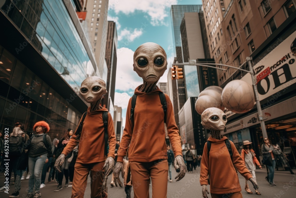 family of aliens walking down the street of a modern city as tourists ...