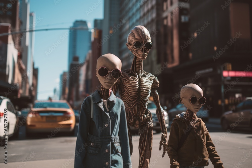 family of aliens walking down the street of a modern city as tourists ...