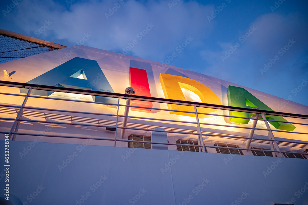 Illuminated AIDA Bella Logo attached to a AIDA cruise ship during ...