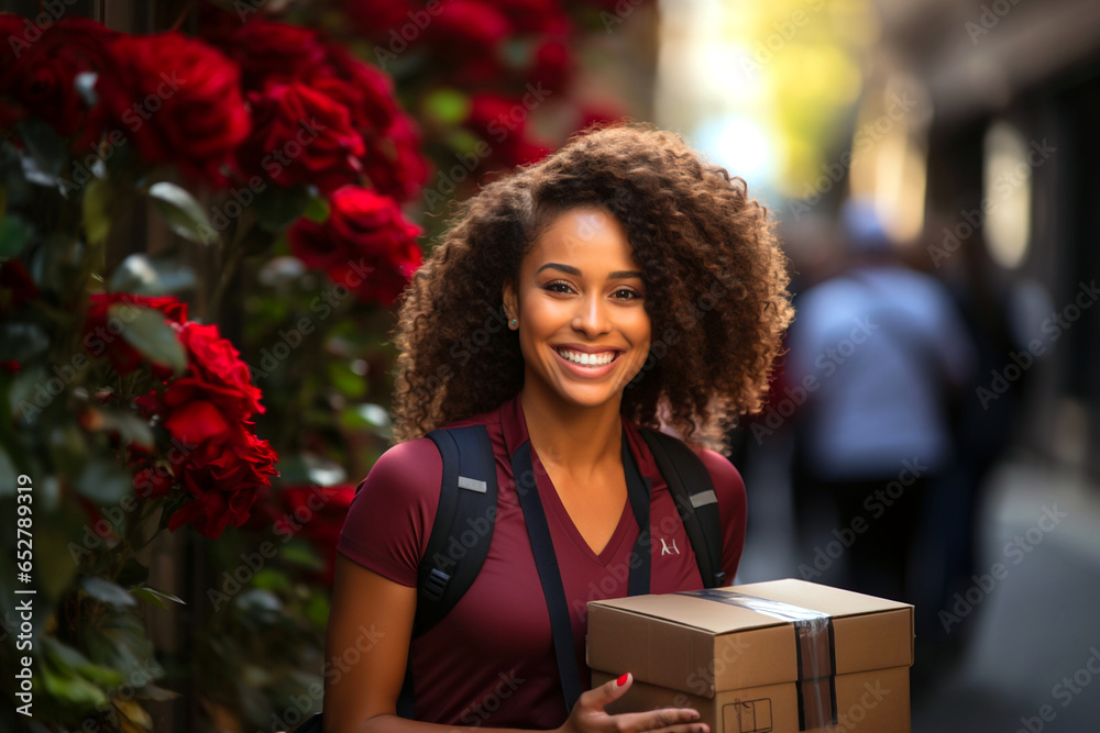 Young smiling African American woman delivery service courier female ...
