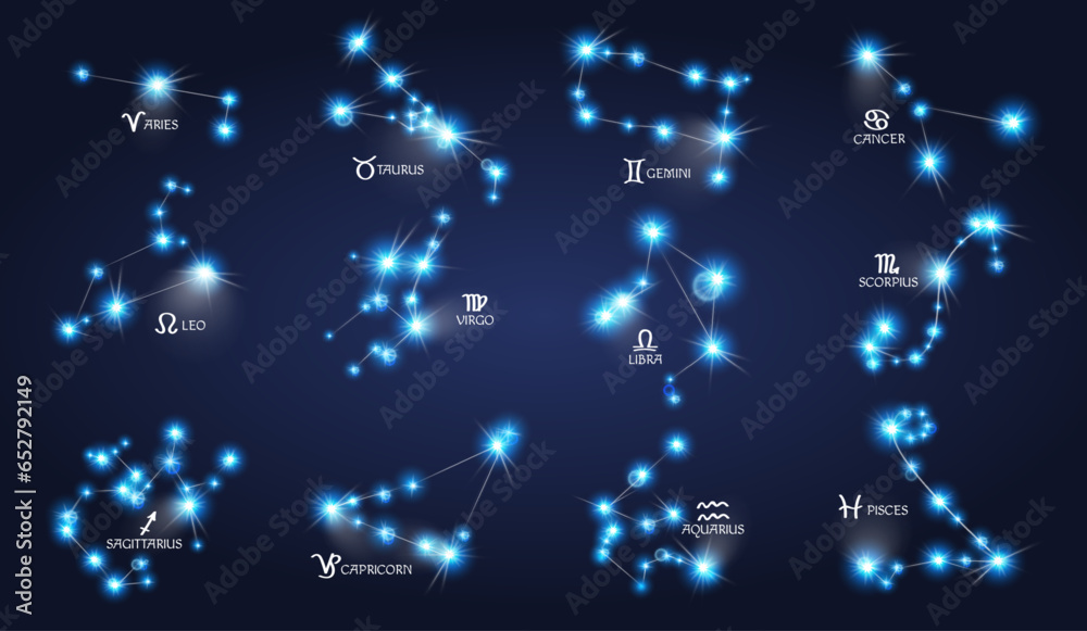 Zodiac signs, realistic glowing constellations. Vector horoscope for ...