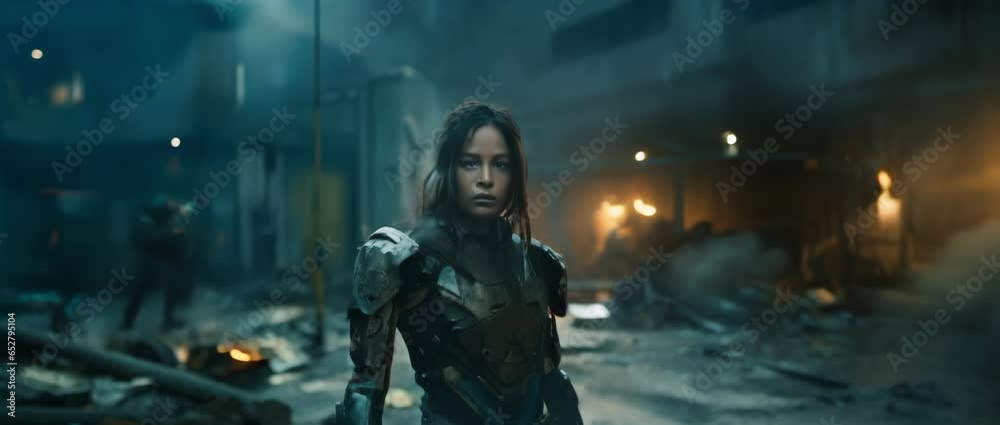 Portrait of woman in futuristic amour standing in apocalyptic scene of ...