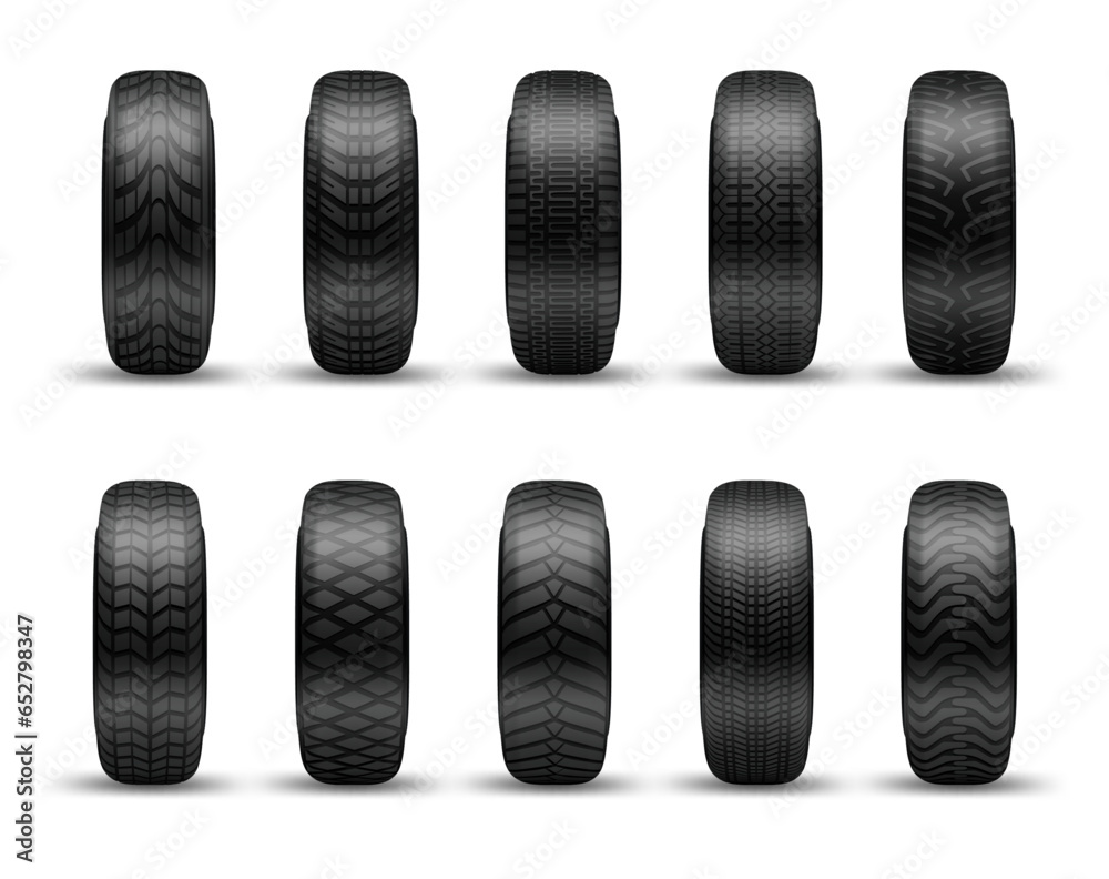 Realistic black car tire set isolated on white, auto wheel protector with different pattern ...