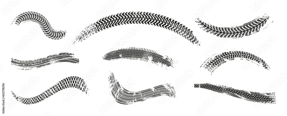 Realistic grunge wheel tires traces, car tread tracks isolated on white ...