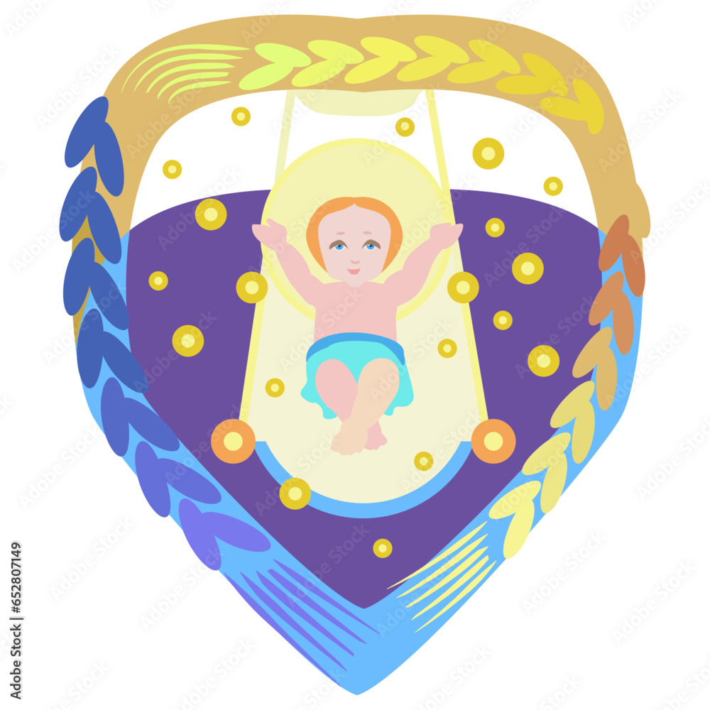 In the heart-shaped composition, the foreground features the infant ...