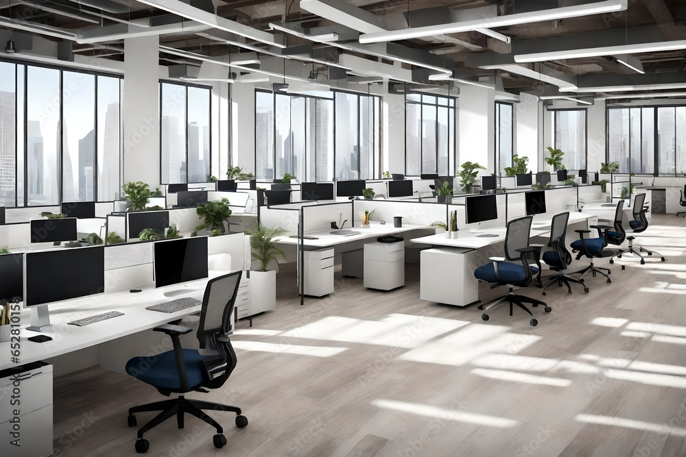 An open-plan office layout with rows of ergonomic workstations, each ...
