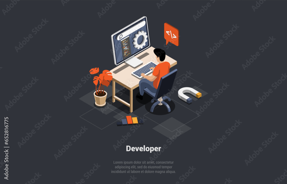 Software Development Coding Process Concept. Man Programmer or Web Developer Working On PC ...