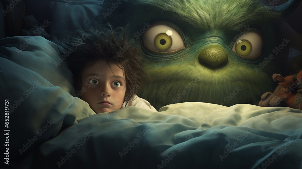 Young Boy Imagining Monsters While Lying in Bed - A Peek into Childhood ...