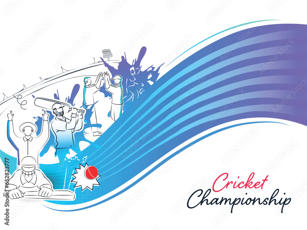Linear Style Cricket Player Team In Different Poses And Abstract Wave ...