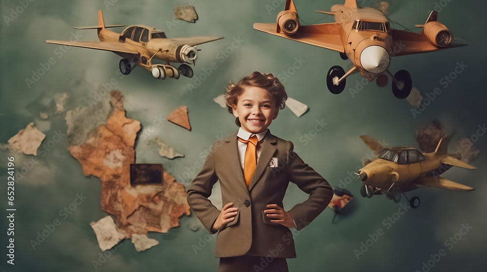 Happy and joyful looking kid dressed as an airplane pilot in the ...