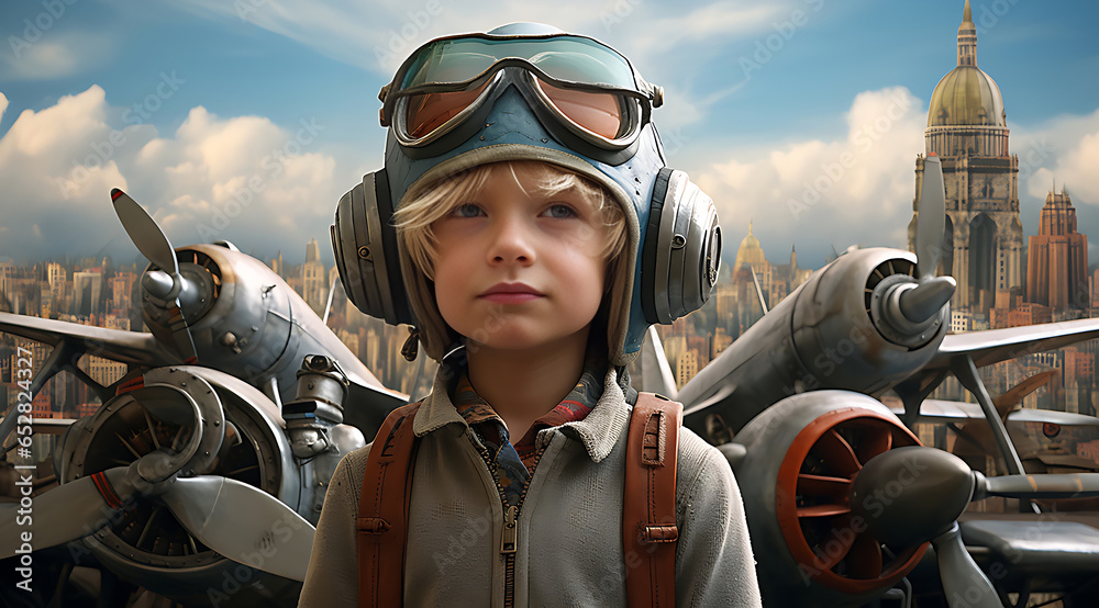Happy and joyful looking kid dressed as an airplane pilot in the ...
