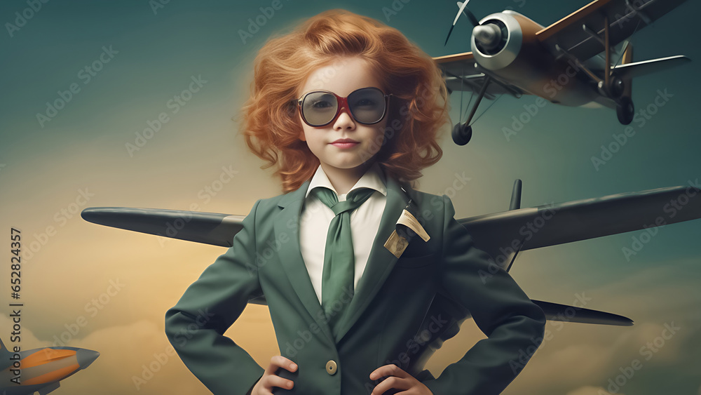 Happy and joyful looking kid dressed as an airplane pilot in the ...