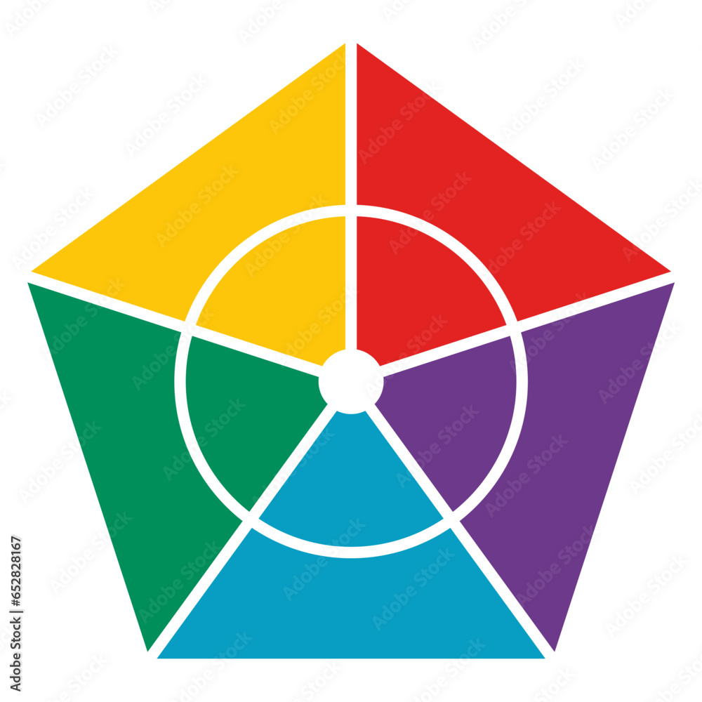 colorful circle diagram inside pentagon shape, infographic template diagram 5 colors, vector ...