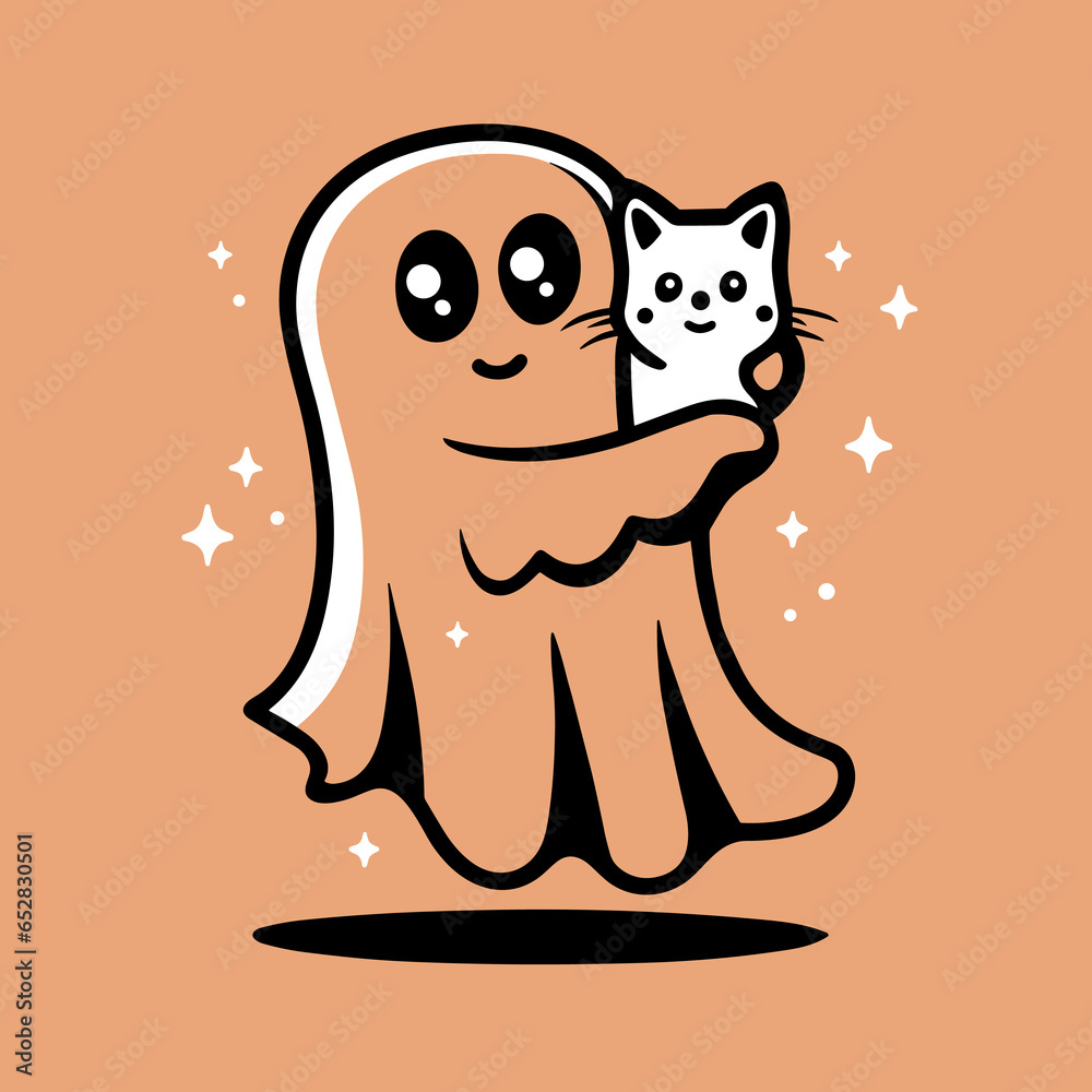 Ghost holding cat illustration. Sheet ghost and kitten. Fall season ...