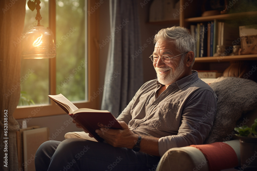 A senior citizen reading a book in a cozy chair, demonstrating the joy ...