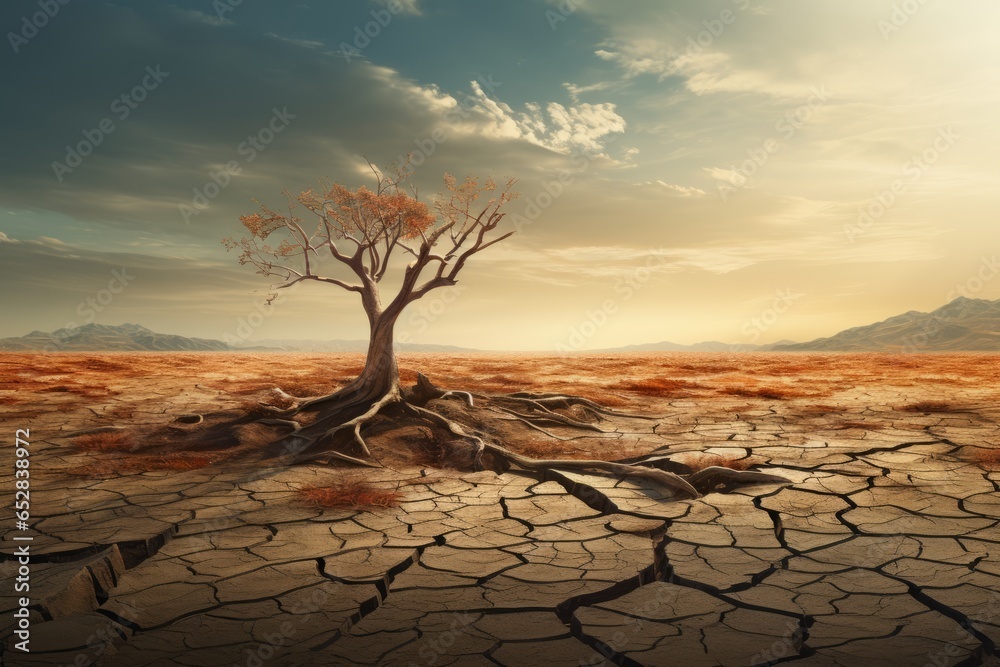 Generative AI Dry cracked land with dead tree and sky in background a ...