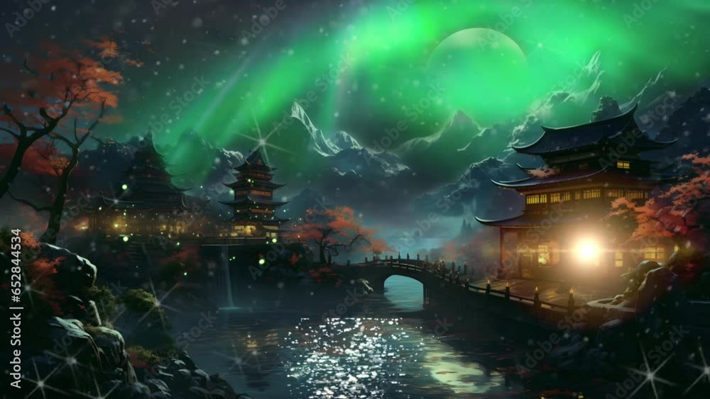 Night dream Winter landscape fantasy scene on anime or cartoon style ...