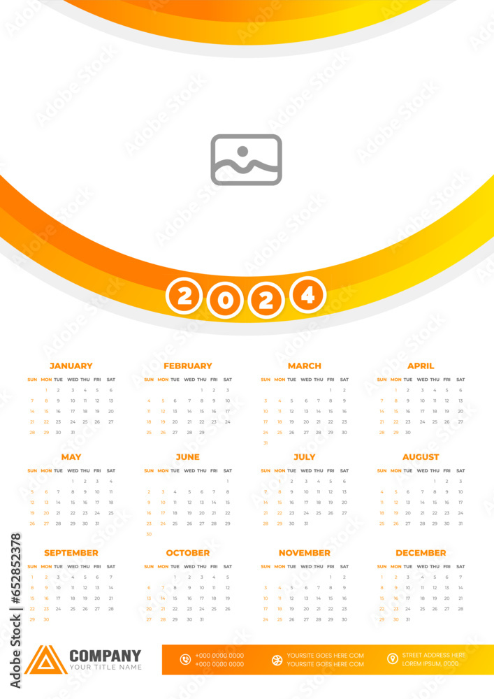 2024 wall Calendar vector illustration. week starts on Sunday, Simple ...