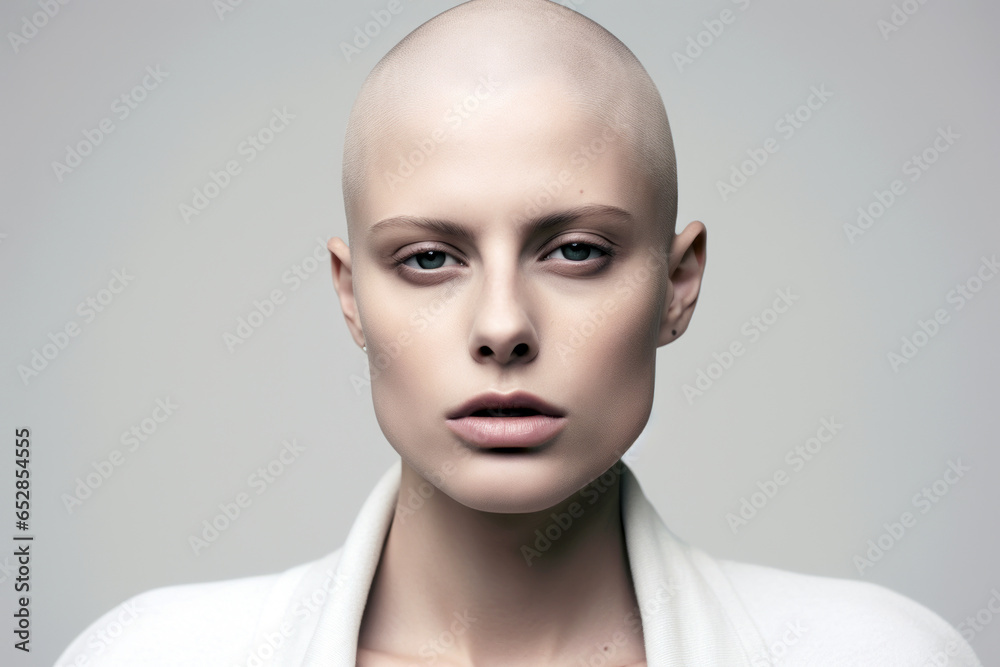 androgynous individual with a piercing gaze, painted lips and a shaved ...