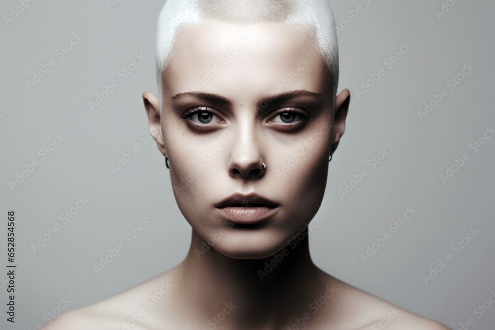 androgynous individual with a piercing gaze, painted lips and a shaved ...